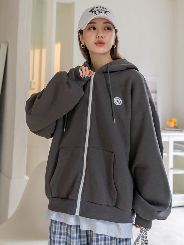 Dazy Zip Up Patch Detail Drop Shoulder Drawstring Hoodie Sweatshirts