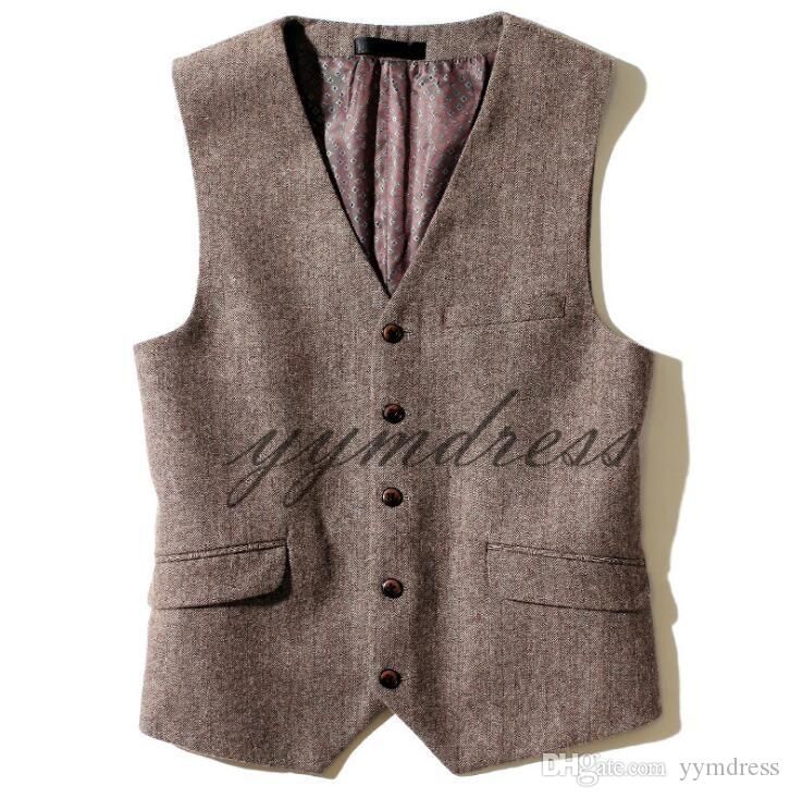 Brown Tweed Vest 2019 Wool Herringbone Groom Vests British Style Mens Suit Vests Slim Fit Mens