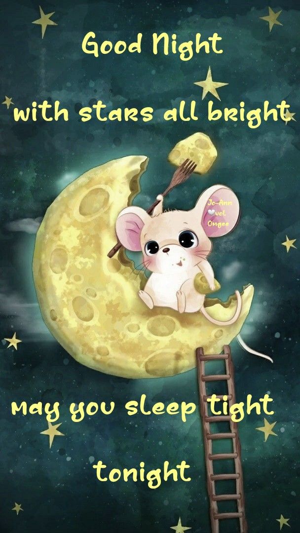 A Mouse Sitting On Top Of A Ladder Next To A Moon With The Words Good Night Written