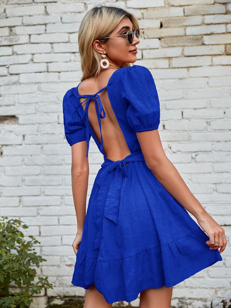 Puff Sleeve Tied Open Back Dress Short Dresses Casual Casual Dress Outfits Dress Backs