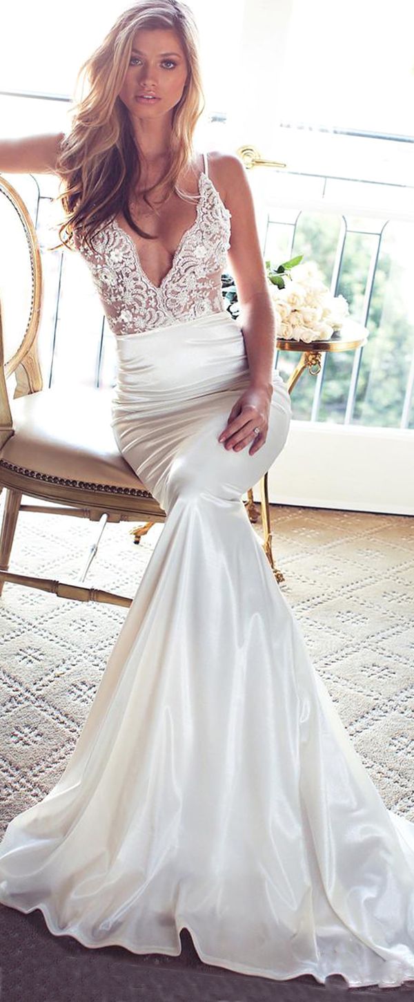 Graceful Stretch Satin Spaghetti Straps Neckline Mermaid Wedding