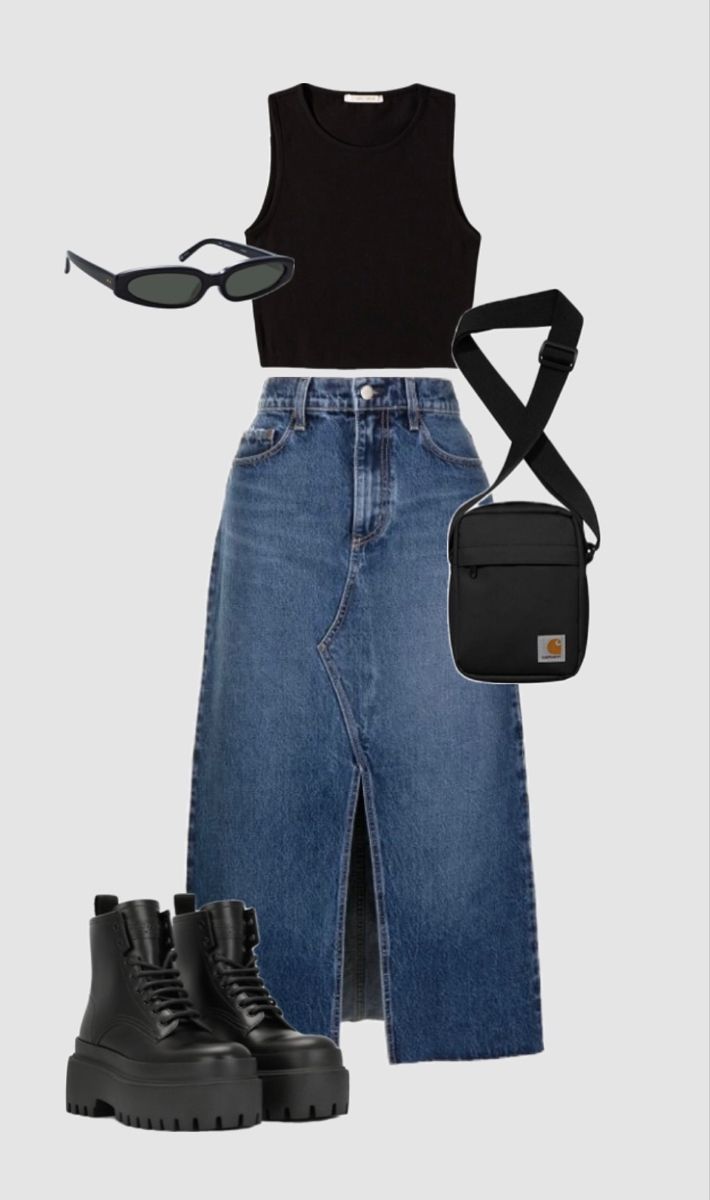 Long Denim Skirt Outfit Inspiration Midi Skirt Outfit Idea Black Boots Black Crop Top Summer
