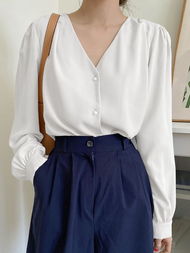 Bishop Sleeve Button Front Blouse Fashion Tops Blouse Simple
