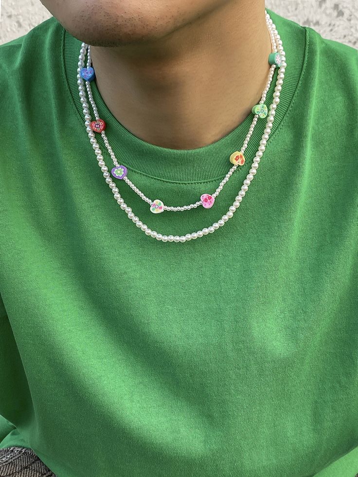 2pcs Men Heart Decor Beaded Necklace Mens Gold Jewelry Beaded