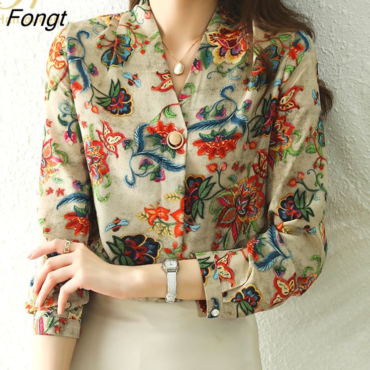 Fongt Han Queen Autumn Blousess V Neck Office Blusas Vintage Print Tops