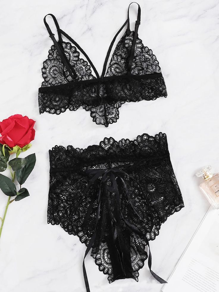 Lace Up Harness Detail Lace Lingerie Set Shein Sheinside Lace