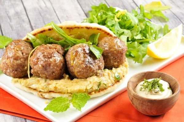 Lamb Meatball Pita With Garlicky Tahini Sauce And Minted Chickpea Mash