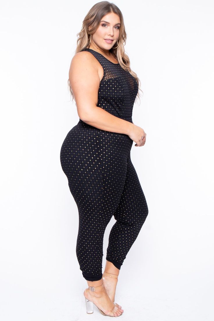 Plus Size Gold Glittered Mesh Jumpsuit Black Curvy Sense Plus Size