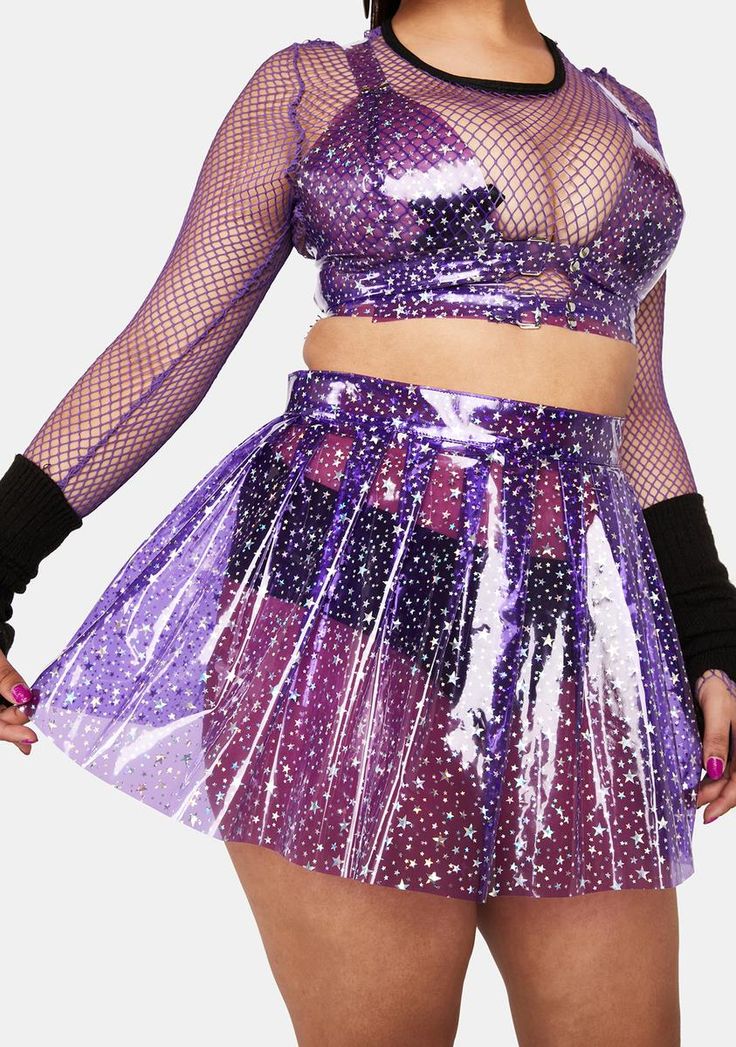 Plus Size Star Glitter Pleated Vinyl Mini Skirt Purple Vinyl Mini Skirt Rave Outfits Rave