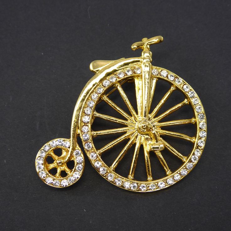 Gold Tone Bicycle Pin W Clear Rhinestones Brooch Penny Farthing Style