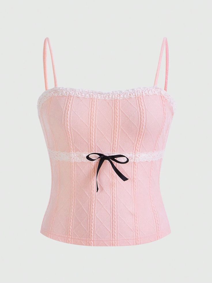 Romwe Kawaii Contrast Lace Trim Bow Decor Cami Top Swag Outfits Cami