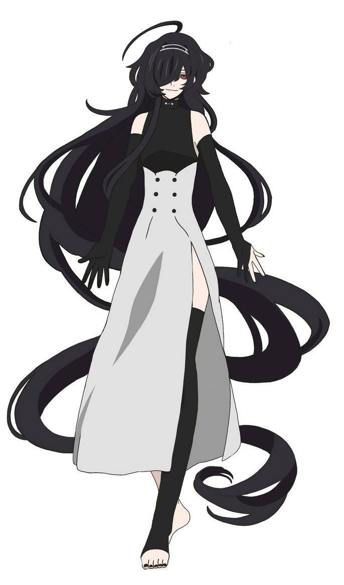 An Anime Character With Long Black Hair And White Dress Standing In