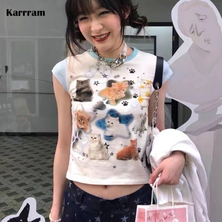 Karrram Y2k Aesthetics Tops Japanese Harajuku T Shirt 2000s Kawaii Cat