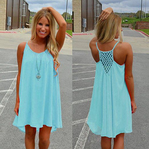 Franterd Dress Womens Spaghetti Strap Back Howllow Out Chiffon Beach