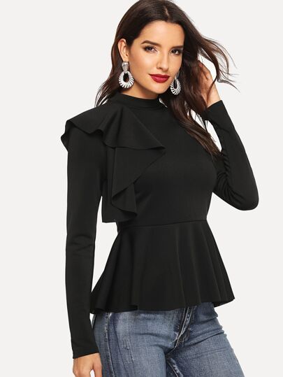 Shein Ruffle Trim Mock Neck Peplum Top Peplum Top Long Sleeve Peplum