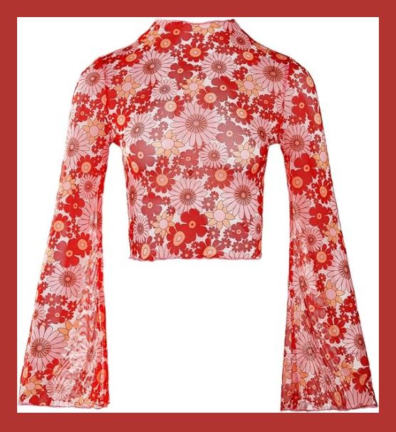 Verdusa Womens Bell Sleeve Lettuce Trim Mock Neck Floral Mesh Top Crop