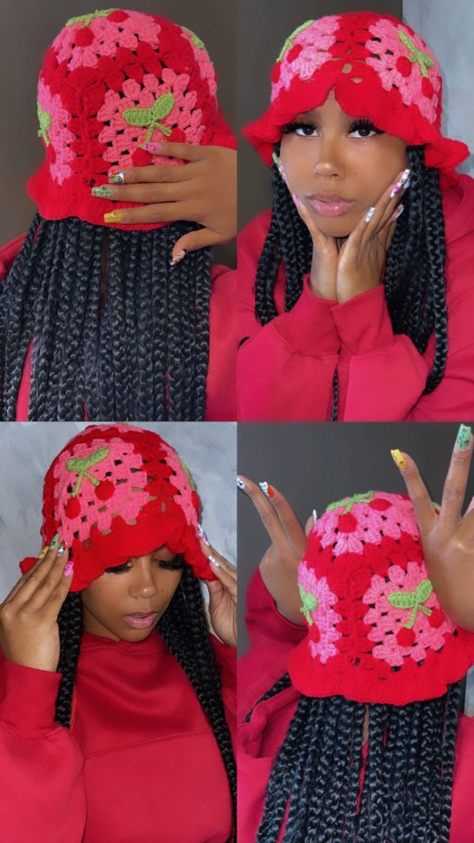 The Woman Is Wearing A Red Hat With Crochet Flowers On It And Has Her