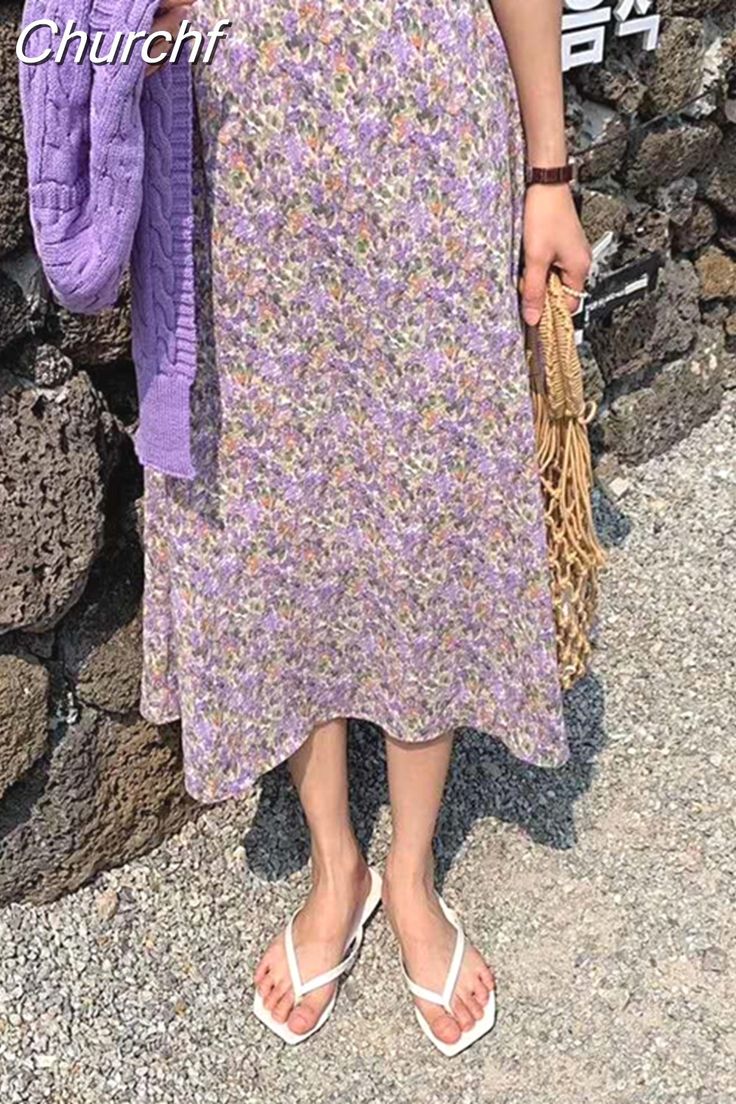 Churchf Philosophy Women Elegant Floral Print Long Beach Purple Skirt Vintage Mujer Maxi Retro