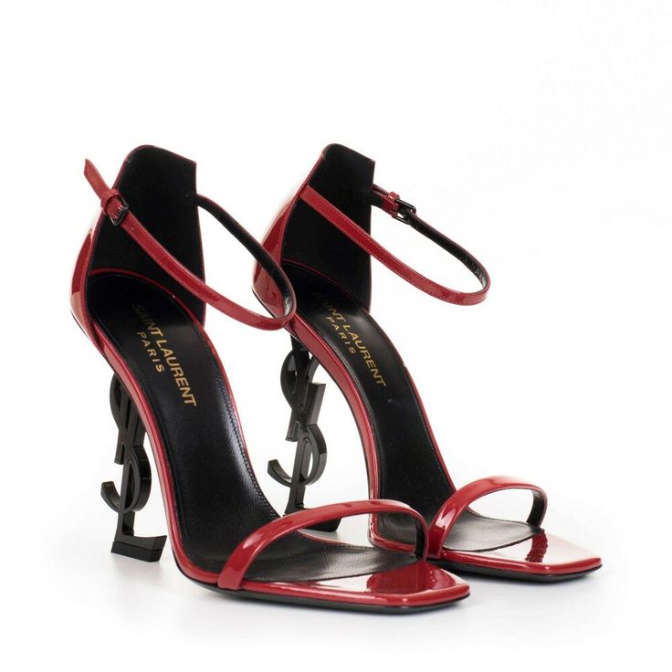 Ebay Sponsored Saint Laurent 995 Red Patent Leather Opyum Sandals With Black Ysl Logo Heel