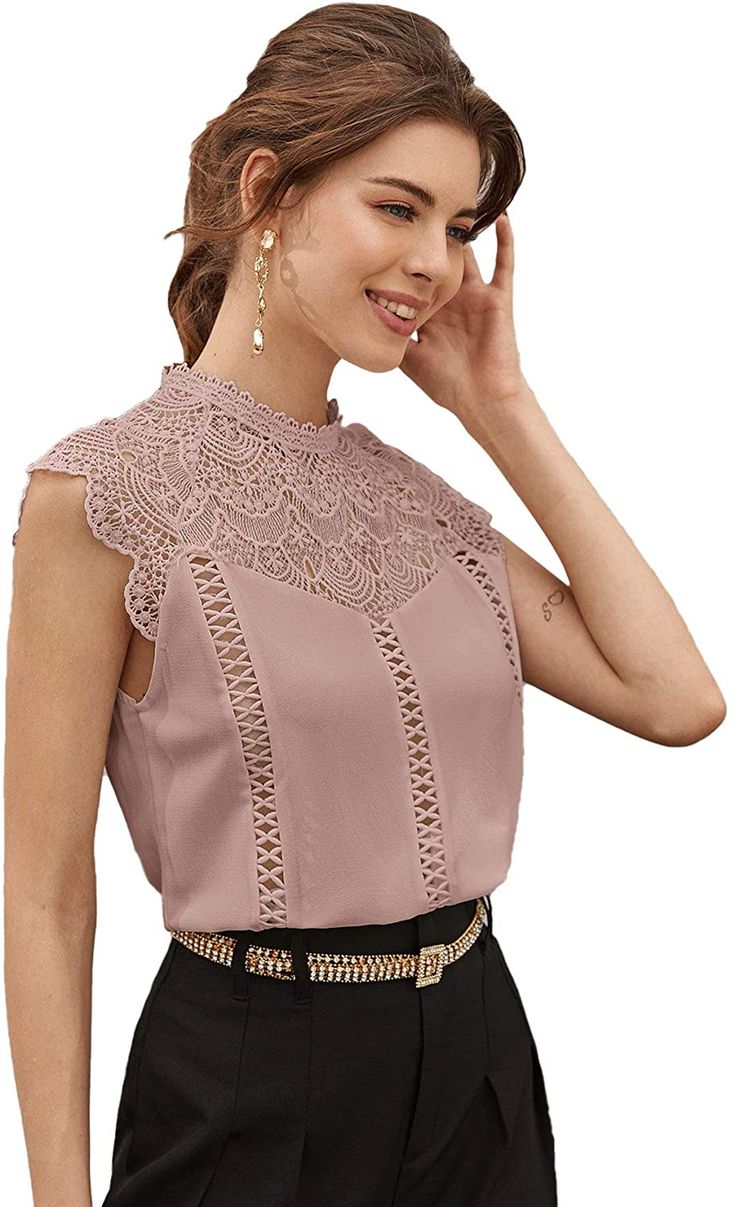 Womens Elegant Cap Sleeve Keyhole Contrast Lace Blouses Tops Womens Lace Tops Lace Blouse