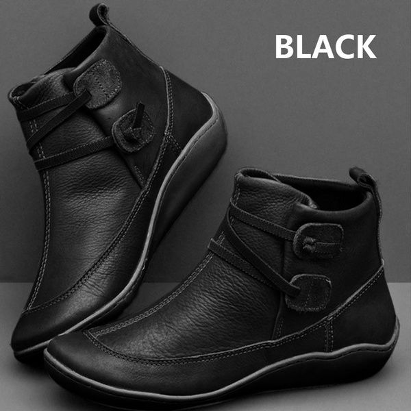 Womens Braided Strap Flat Heel All Season Boots Waterproof Leather Comfortable Flat Heel Boots