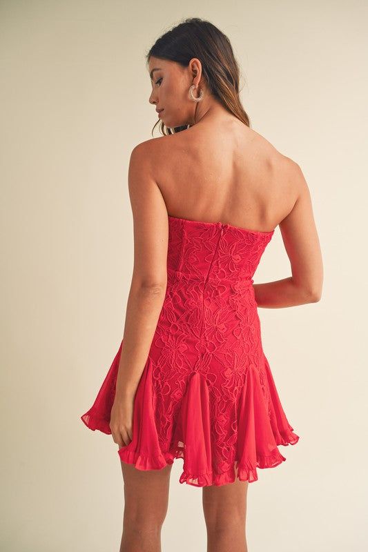 Red Floral Lace Bustier Corset Mini Dress In 2024 Red Lace Mini Dress Red Lace Dress Red