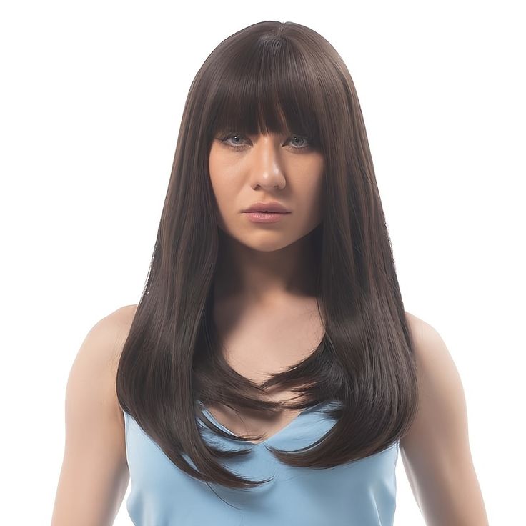 Natural Ribbon Fringe Wig Synthetic Heat Resistant Wig Long Straight Brown Wigs With Bangs