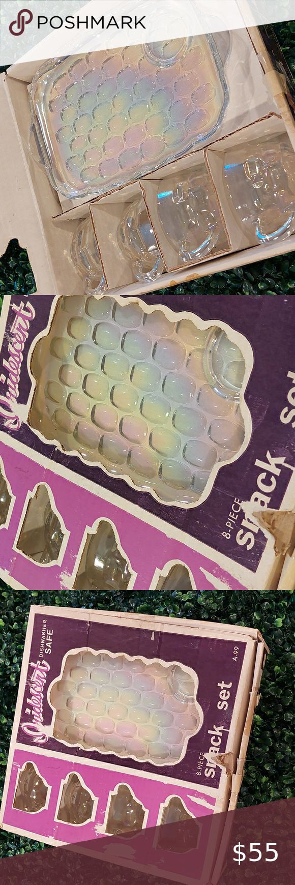 Vintage Federal Glass Co Iridescent Snack Tray Cup 8 Piece Set New In Box Snack Tray
