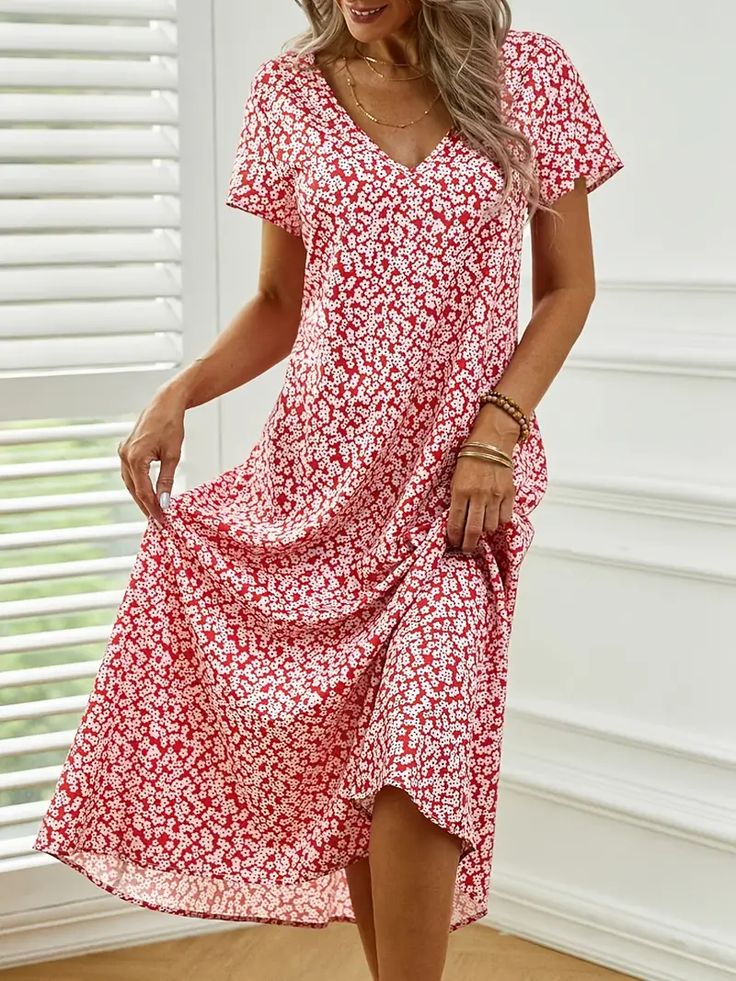 Floral Print V Neck Short Sleeve Dress Clothes For Women Floral Print Dress Casual Short