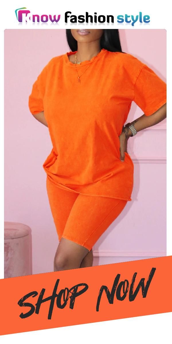 Orange Fashion Casual Solid Basic O Neck Short Sleeve Two Pieces