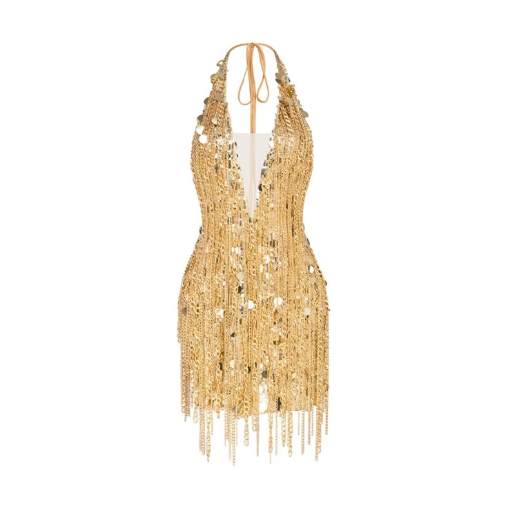 Crystal Stone Tassel Halter Mini Dress In Gold Halter Mini Dress Gold Dress Short Sparkle