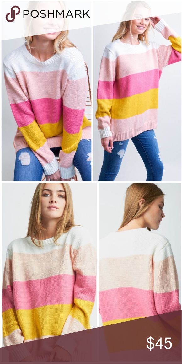 Pink Multi Striped Oversized Sweaters Pink Multi Color Long Sleeve Crew