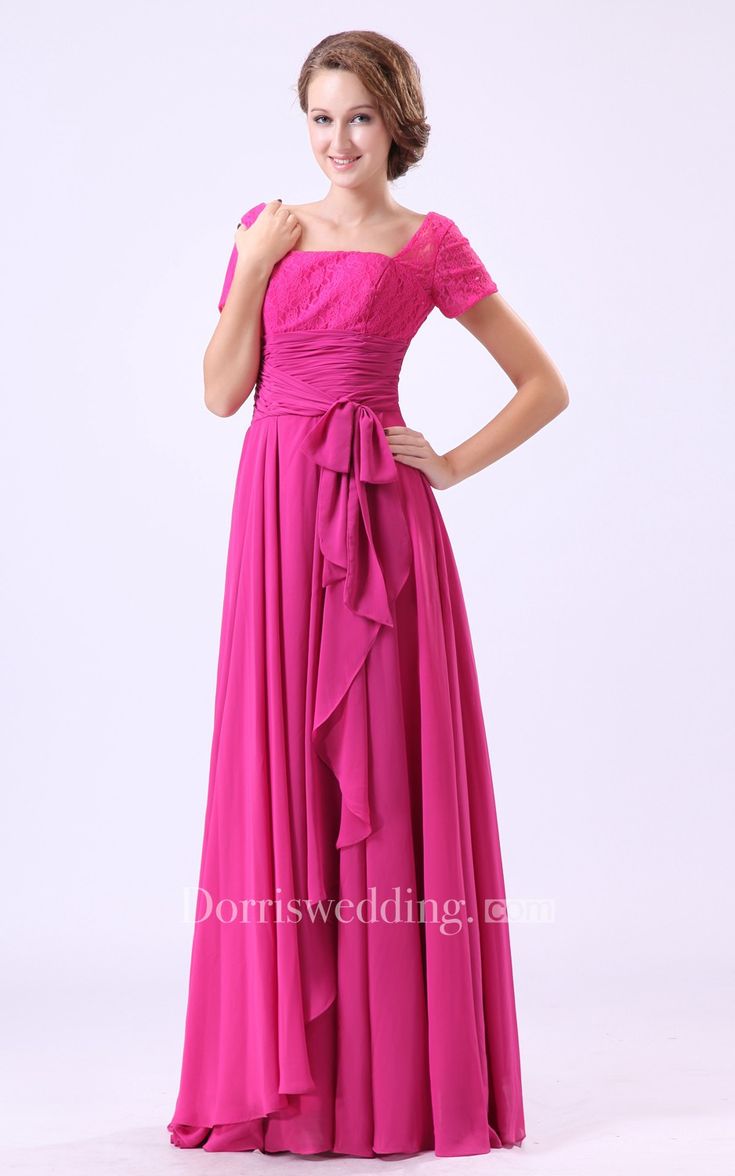 Square Neck Short Sleeve Chiffon Dress With Pleating And Laced Top