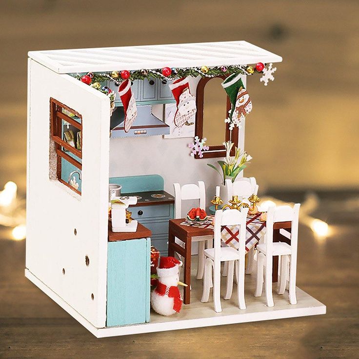 Wooden Dining Room Diy Handmade Assemble Doll House Miniature Furnitur