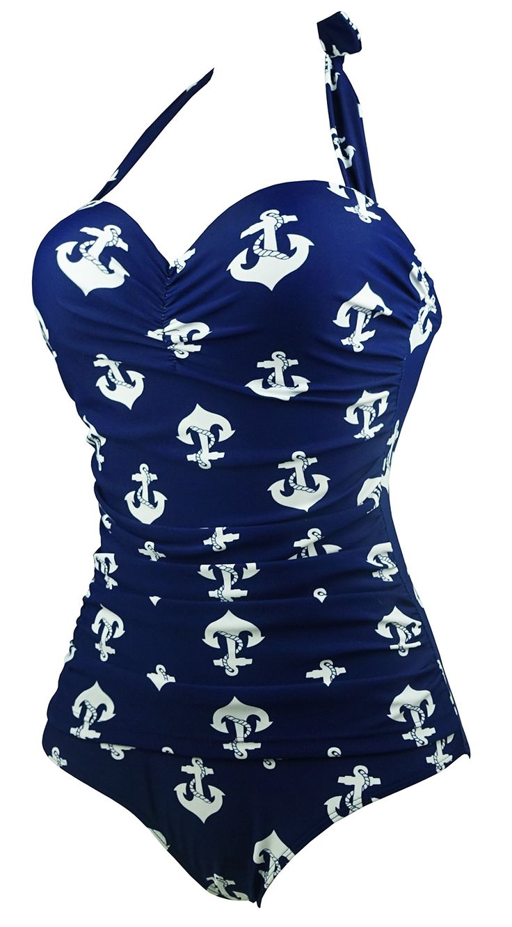 Cocoship Navy Blue 1950s Retro Vintage One Piece Monokini White Anchors