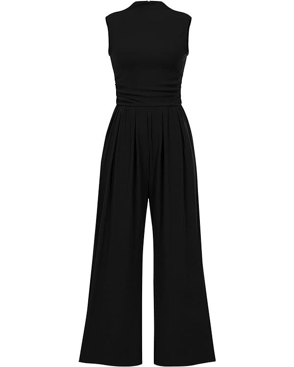 Prettygarden Womens Summer Jumpsuits Dressy Casual One Piece Outfits Sleeveless Mock Neck Wide