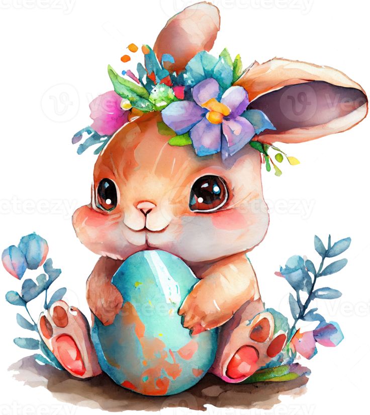 A Little Bunny Holding An Easter Egg With Flowers On Its Head And Wearing A Flower Crown
