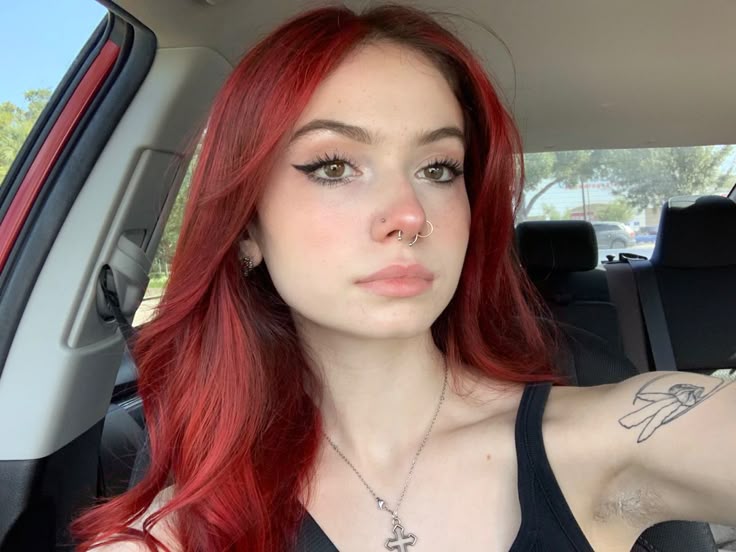 Red Hair Selfie Car Winged Eyeliner Tattoo Septum Piercing Red Hair