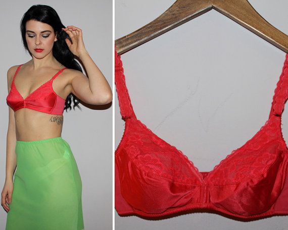 Vintage 60s Red Bra Bullet Bra Satin Lace Pinup Bombshell Rockabilly Burlesque Mod
