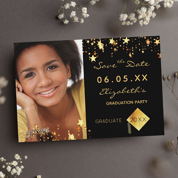 Graduation Party Black Gold Stars Photo 2023 Save The Date Zazzle