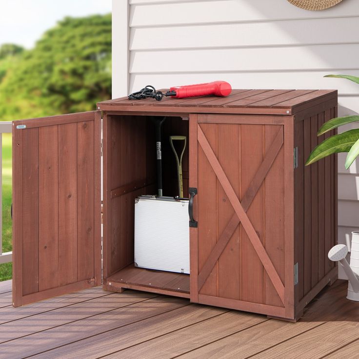 Gymax Storage Cabinet With Double Doors Solid Fir Wood Tool Shed Garden Organizer 1 Unit