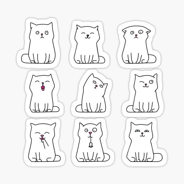 Six Cats Stickers With Different Faces And Eyes All Drawn In Black On White Paper