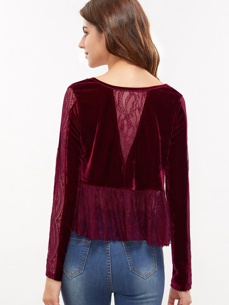 Shop Burgundy V Neck Floral Lace Trim Velvet Top Online Shein Offers