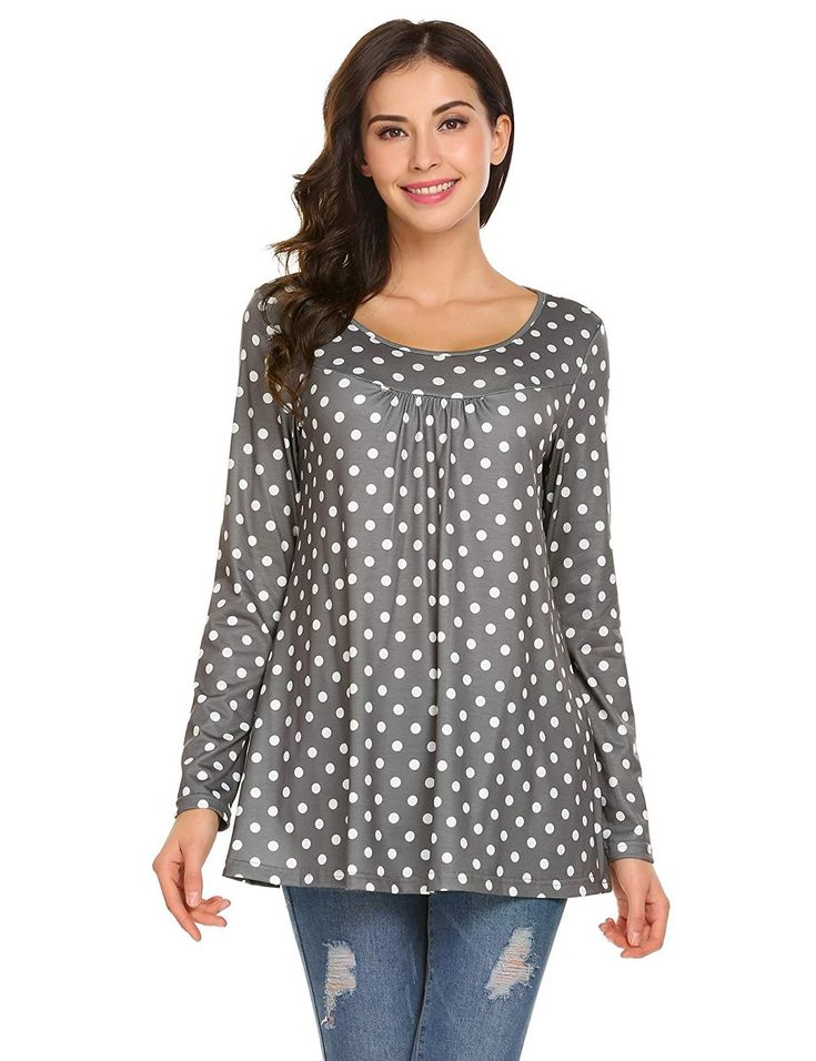 Womens Long Sleeve Round Neck Pleated Flare Polka Dot Tunic Shirt Tops