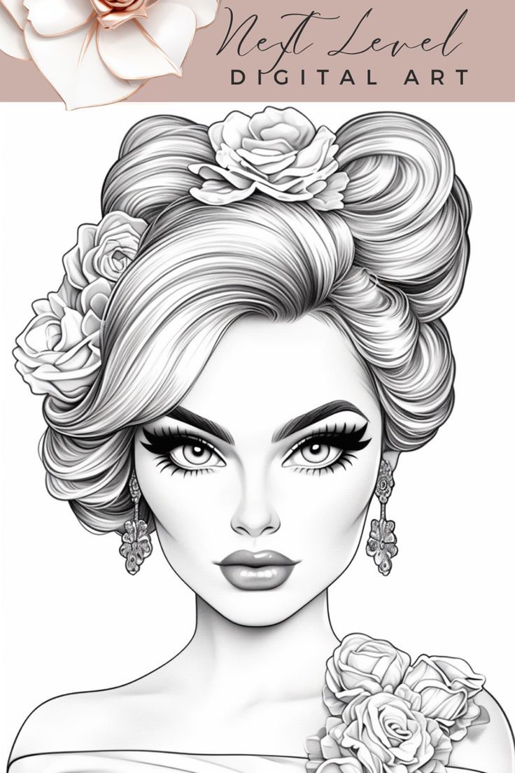 100 Beauty Queens Grayscale High Fashion Colouring Sheet Pages For Adults Hairstyle Makeup