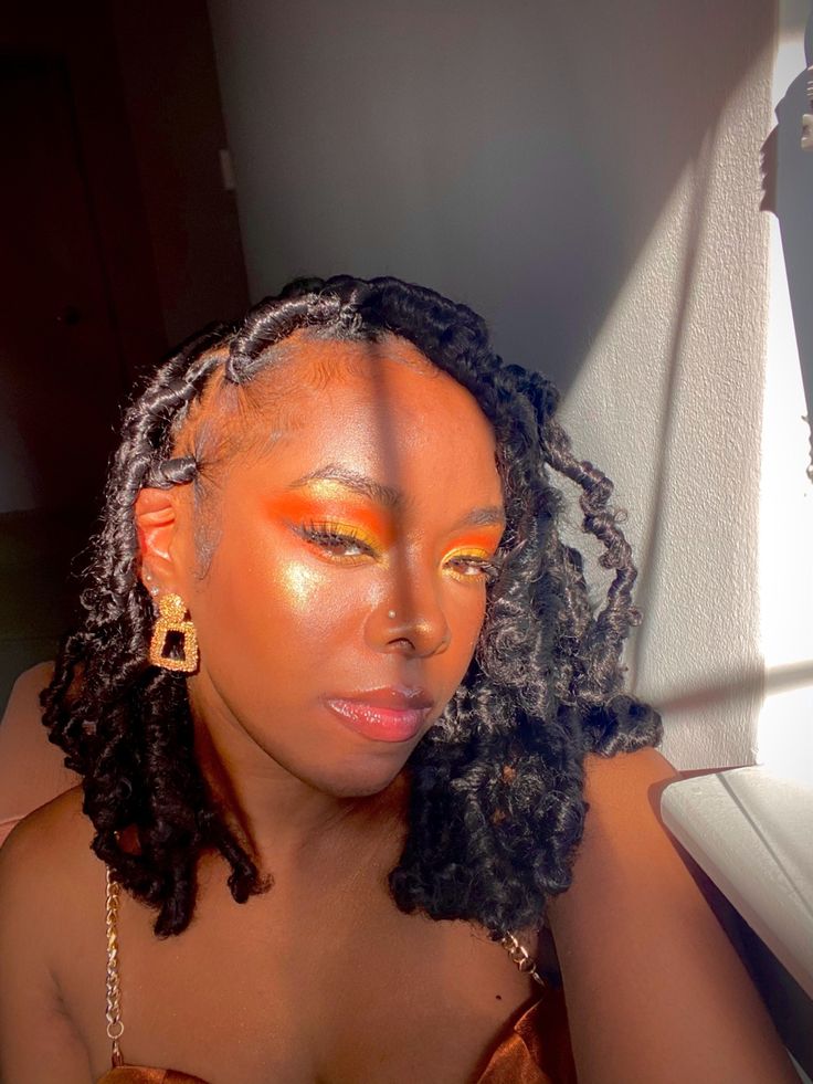 Black Girl Orange Makeup Natural Hairstyle Butterfly Locs Short