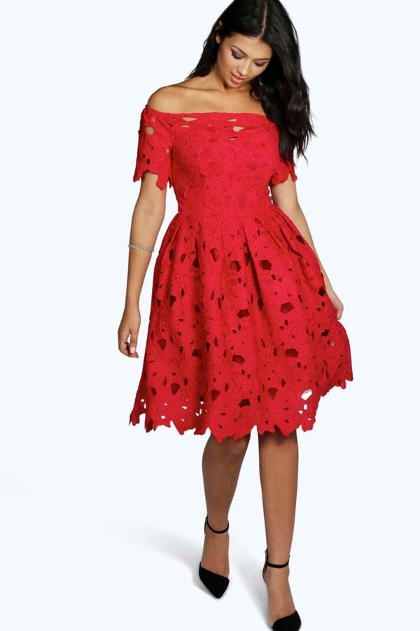 Boohoo Boutique Off Shoulder Lace Skater Dress Lace Skater Dress
