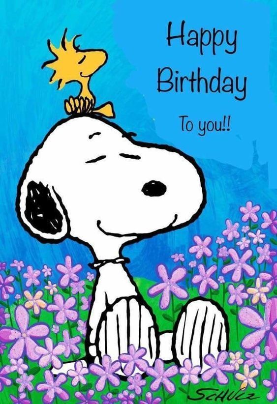A Happy Birthday Card With A Cartoon Snoopy Sitting On Top Of A Flower Field