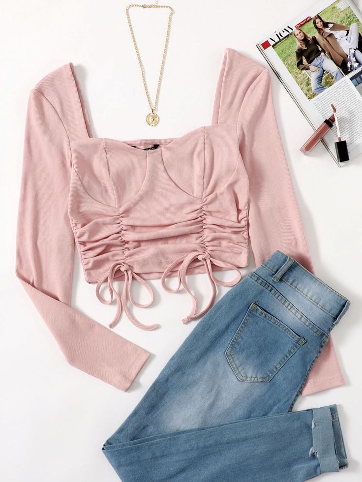 Drawstring Ruched Front Bustier Crop Top Shein Crop Top Outfits
