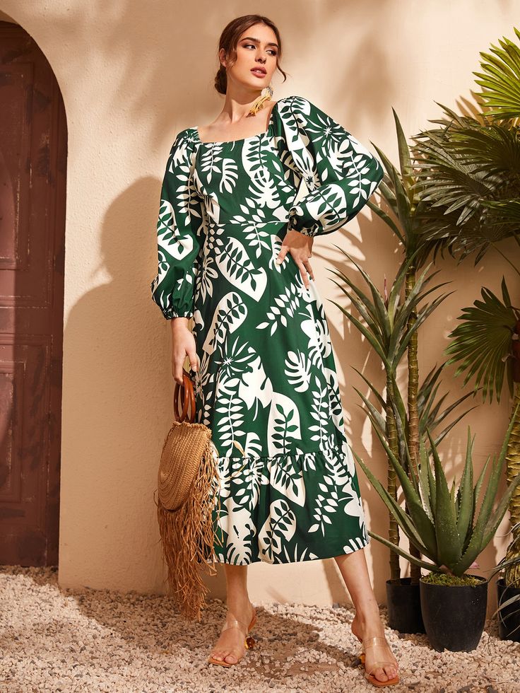 Tropical Print Lantern Sleeve Tie Back Ruffle Hem Dress Hem Dress